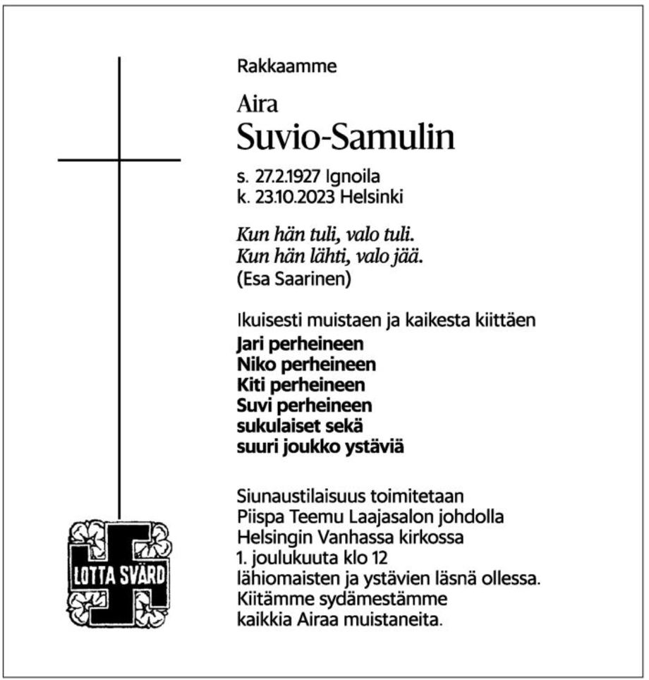 Aira Samulinin kuolinilmoitus julkaistiin Helsingin Sanomissa ...