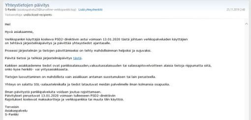 Uusi huijausviesti piinaa S-pankin asiakkaita