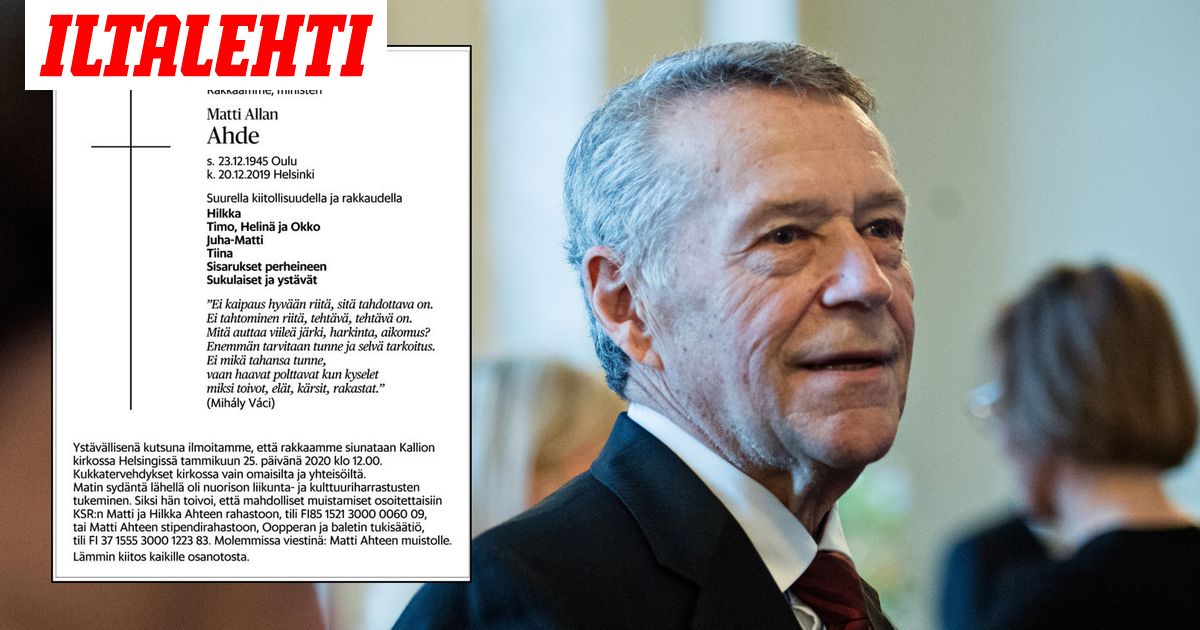 Matti Ahteen kuolinilmoitus julkaistiin Helsingin Sanomissa